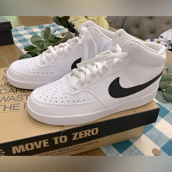 Nike | Shoes | Nike Court Vision Mid White Black Mid Top Sneakers 9 New ...